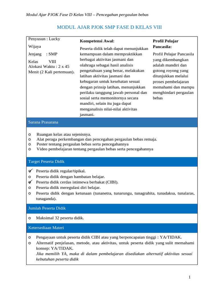 Modul Ajar - Pjok - Ajar Bahaya Pergaulan Bebas - SMP - D - Viii | PDF
