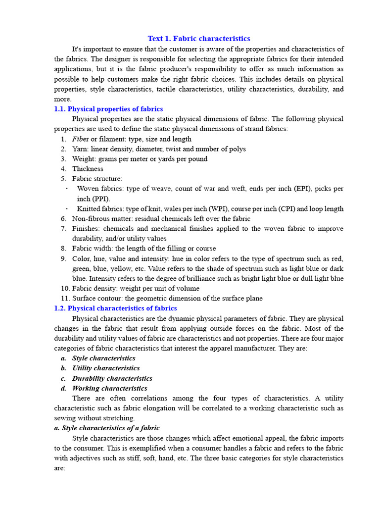 U2-T1-Fabric Characteristics | PDF | Textiles | Materials