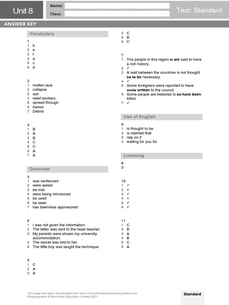 Unit 8 Standard Test: Vocabulary & Grammar | PDF