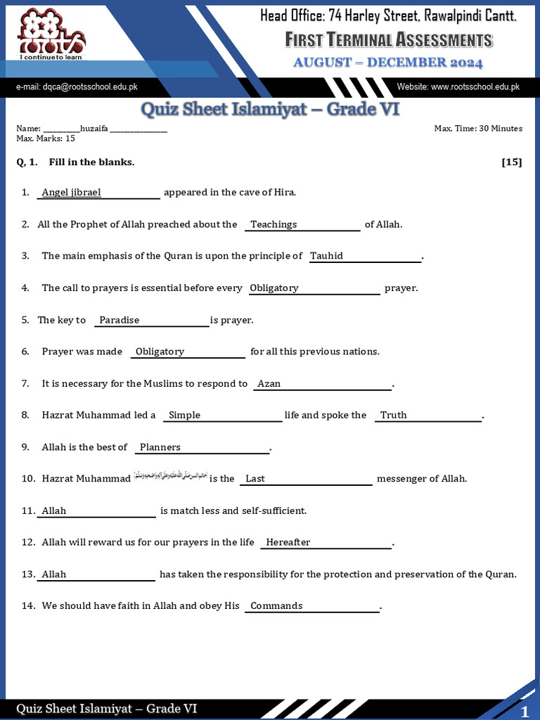 Grade VI Islamiyat Quiz Sheet | PDF