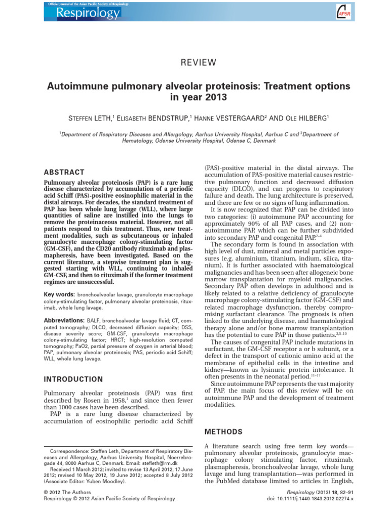 Autoimmune Pulmonary Alveolar Proteinosis - Treatment Options | PDF ...