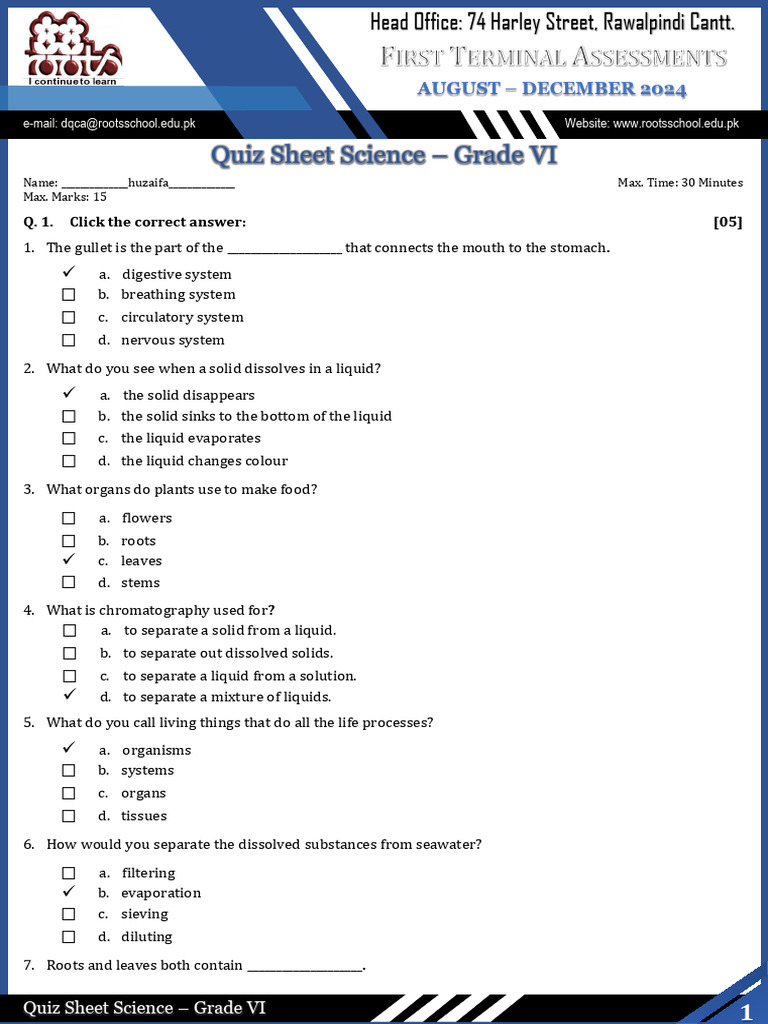 Science-Quiz-6 Aug-Dec 2024 Roots | PDF | Solubility | Sodium