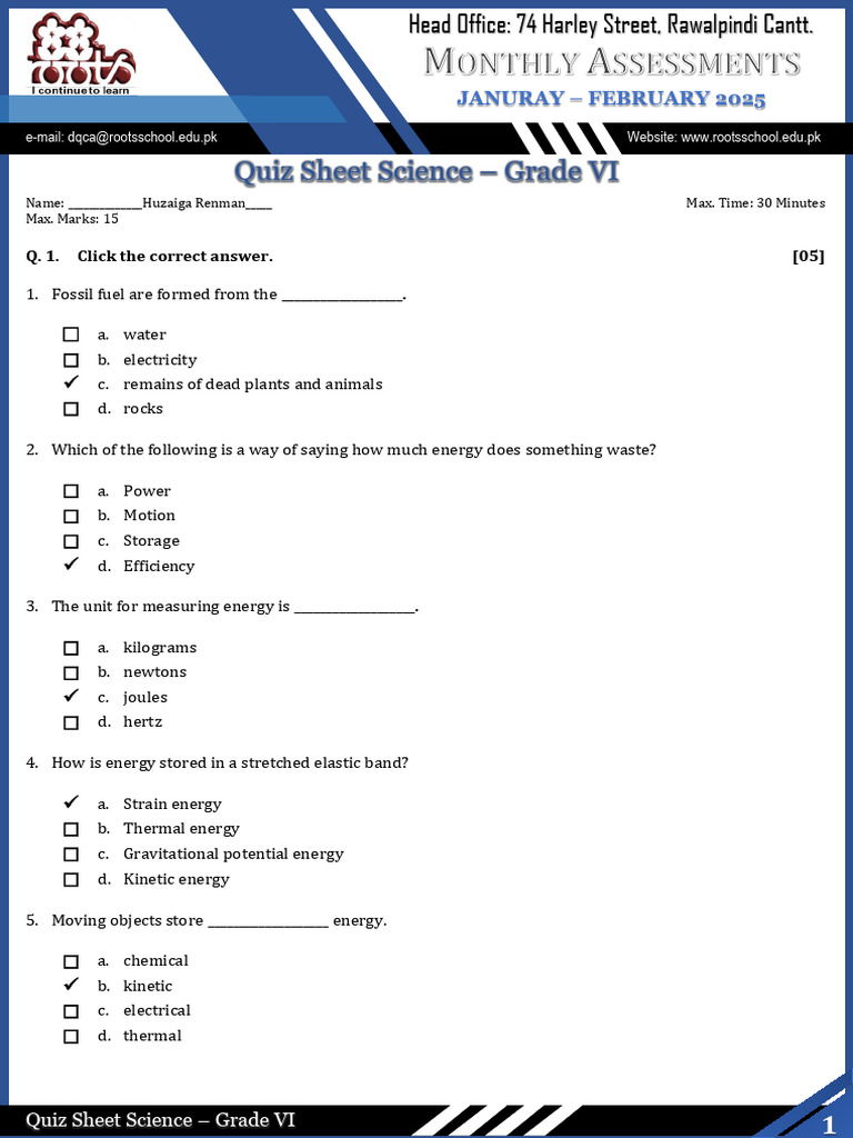 Science-Quiz-6-1 Jan-Feb Roots | PDF | Solar Energy