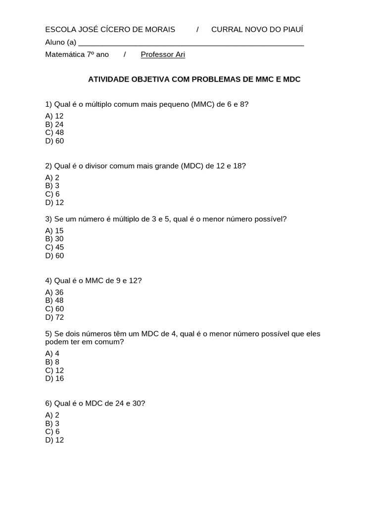 Atividade Objetiva Com Problemas de MMC e MDC | PDF