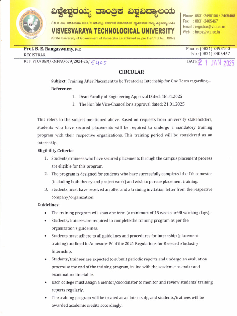 5405 Placement Traning Internship Aft 7th Sem | PDF | Academia | Higher Education