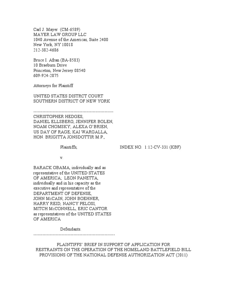 Brief Final 1 12 CV 331 (KBF) | PDF | Standing (Law) | Overbreadth Doctrine