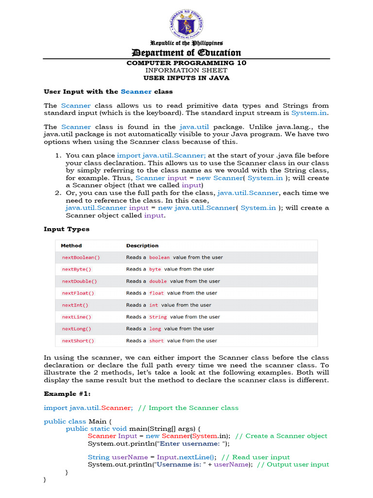 Information Sheet User Inputs | PDF | Image Scanner | Java (Programming ...