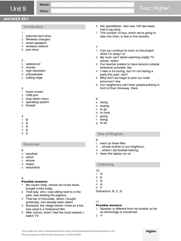 Level5 U9 Test Higher Answer Key | PDF