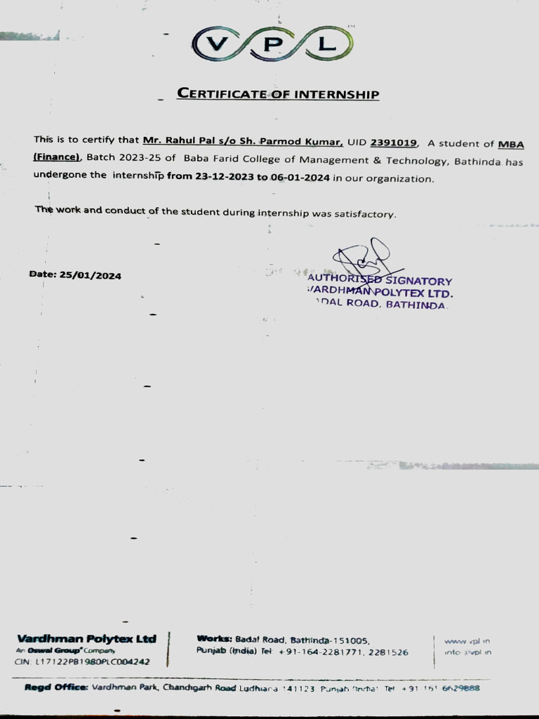 Rahul Internship Certificate | PDF