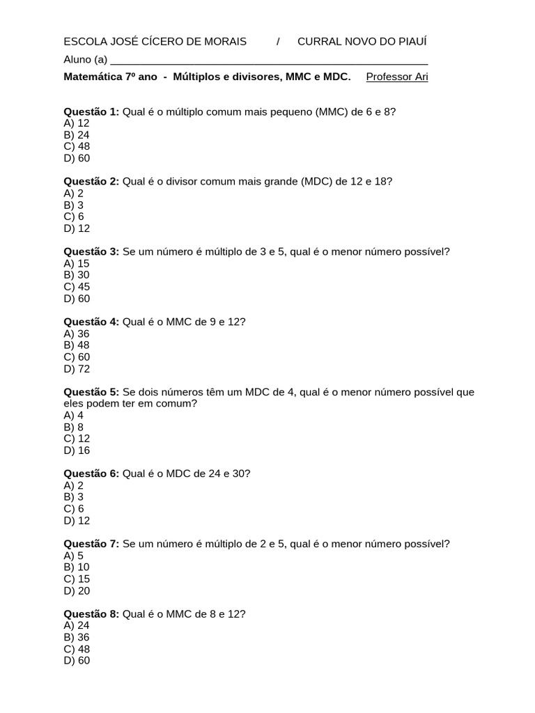 Matemática 7º Ano Múltiplos e Divisores MMC e MDC | PDF