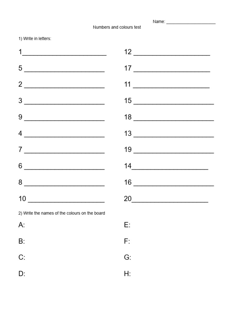Test Numbers 1-20 and Colours A1 | PDF