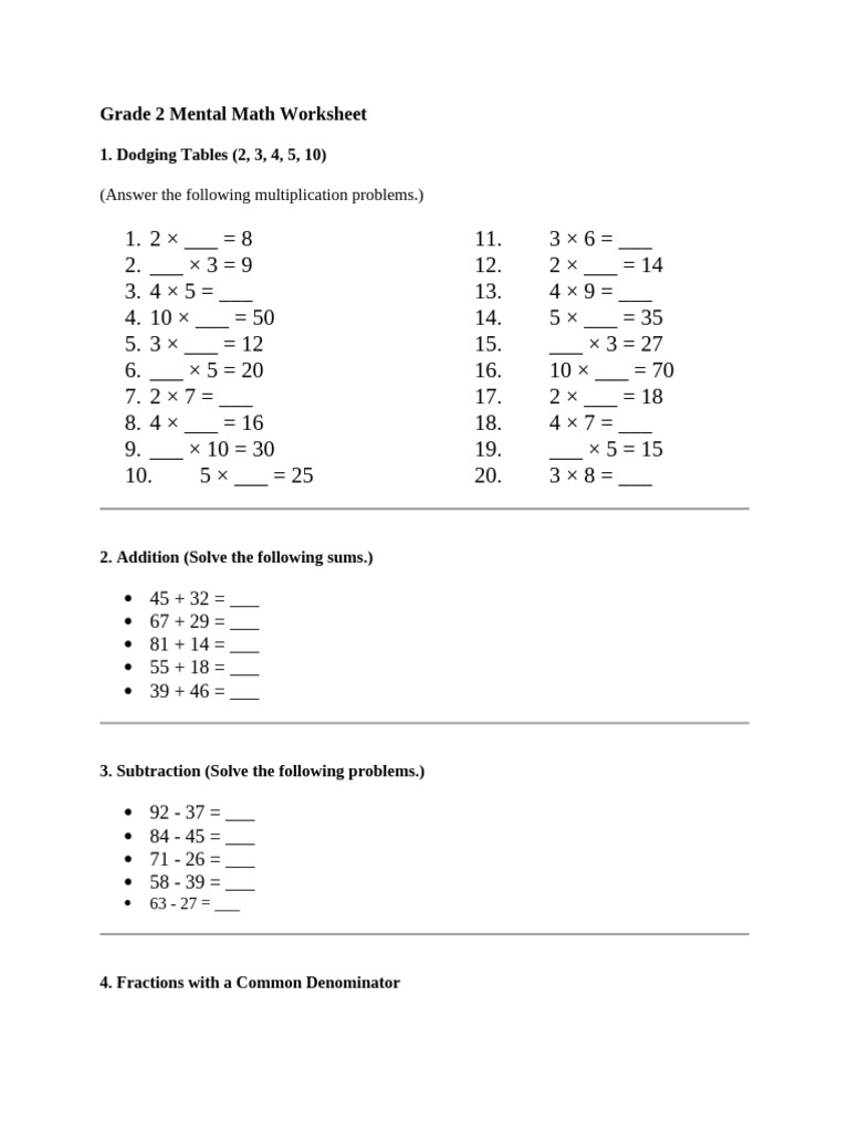 Grade 2 Mental Math Worksheet | PDF