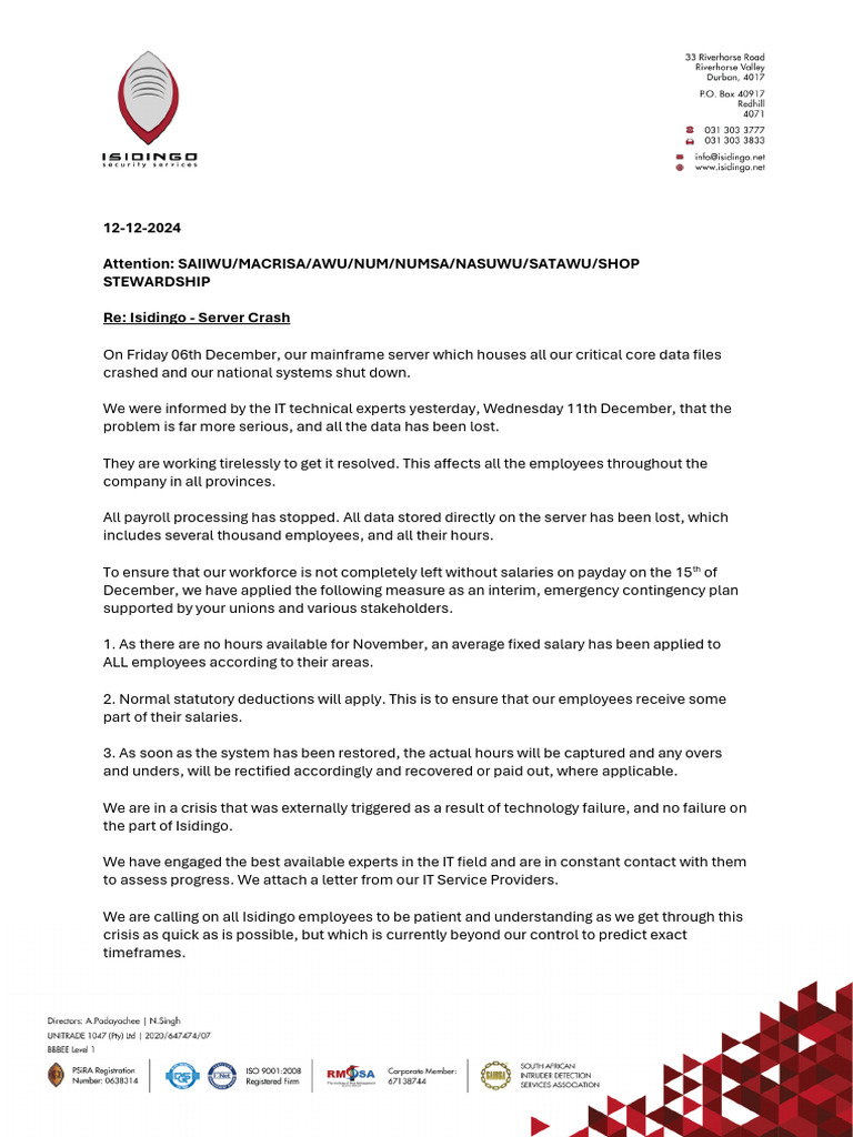 Workforce of Isidingo Security Services Memo | PDF