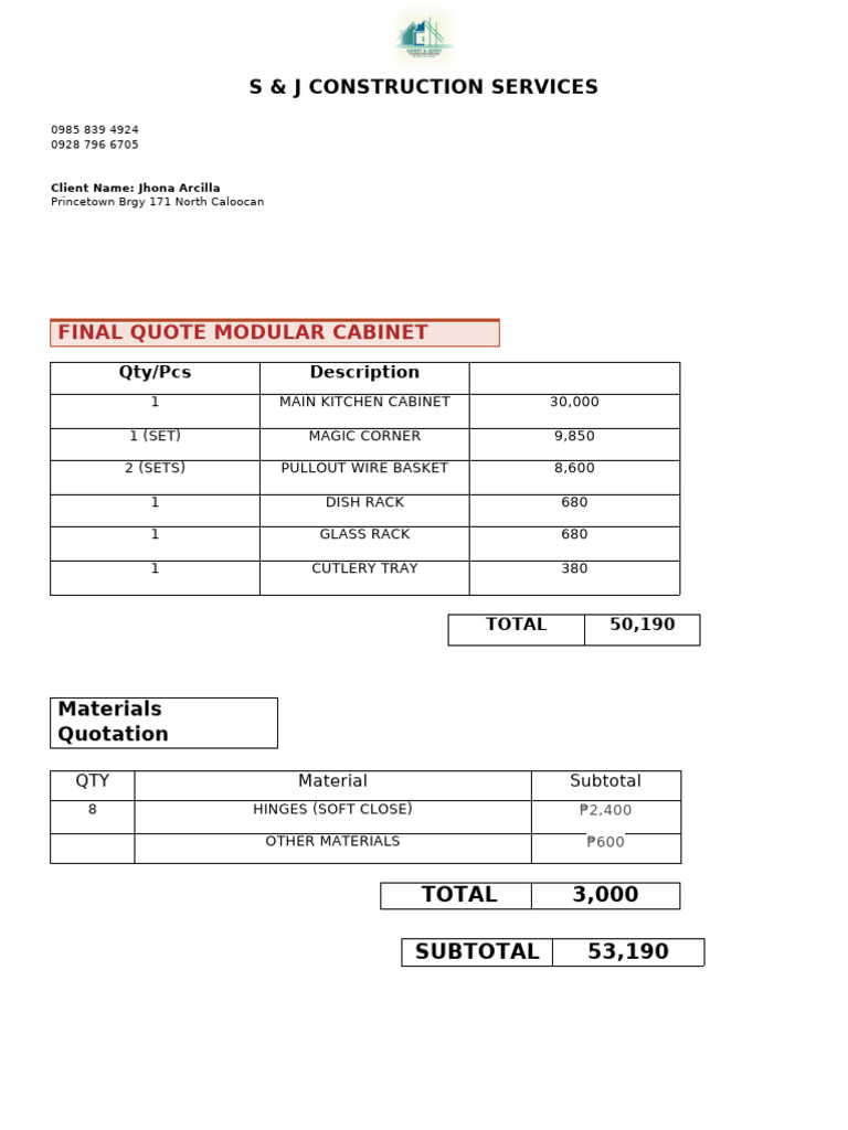 Modular Cabinet Final Quote & Payment Plan | PDF