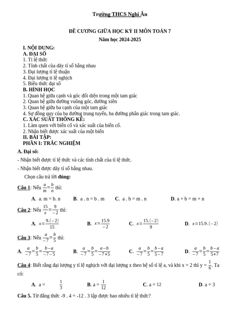 De Cuong on Tap Giua Ky 2 Toan 7 | PDF