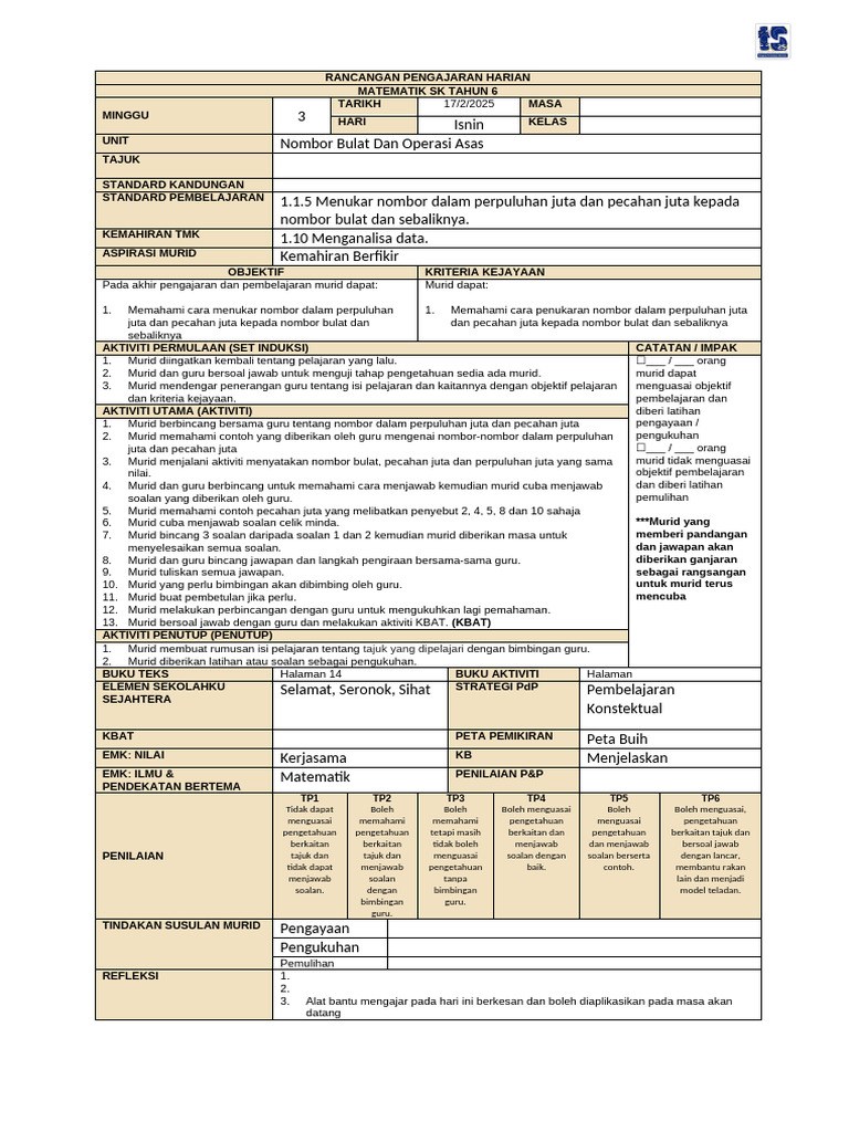 RPH MINGGU 3 MATEMATIK SK THN 6 2025 BY CIKGU GORGEOUS | PDF