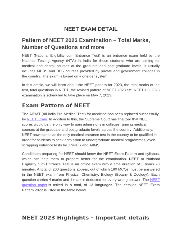 NEET 2023 Exam Pattern and Details | PDF | Vocational Education ...