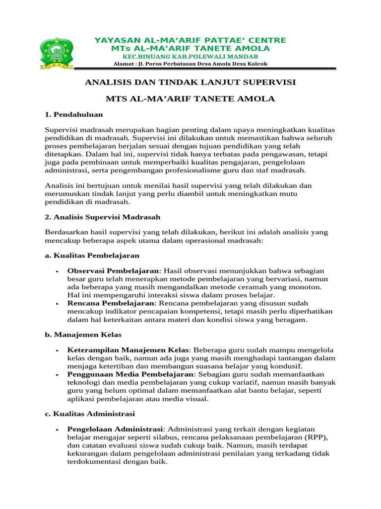 ANALISIS DAN TINDAK LANJUT SUPERVISI MTS TANETE | PDF