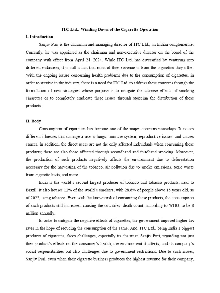 Case Study Analysis ITC Ltd. | PDF | Tobacco Smoking | Addiction