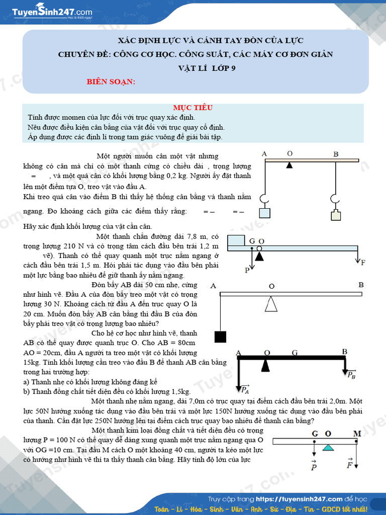 de-thi-btvn-xac-dinh-luc-va-canh-tay-don-cua-luc-1677463870 | PDF