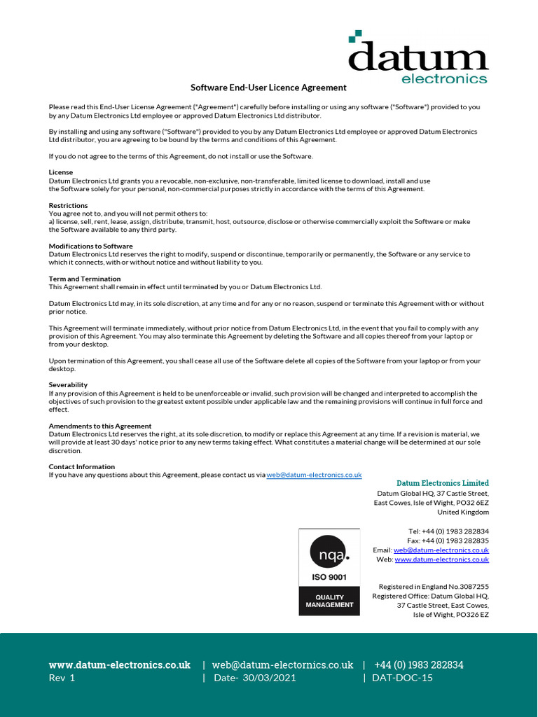DAT-DOC-15 Software End-User Licence Agreement | PDF | License | Civil Law (Legal System)