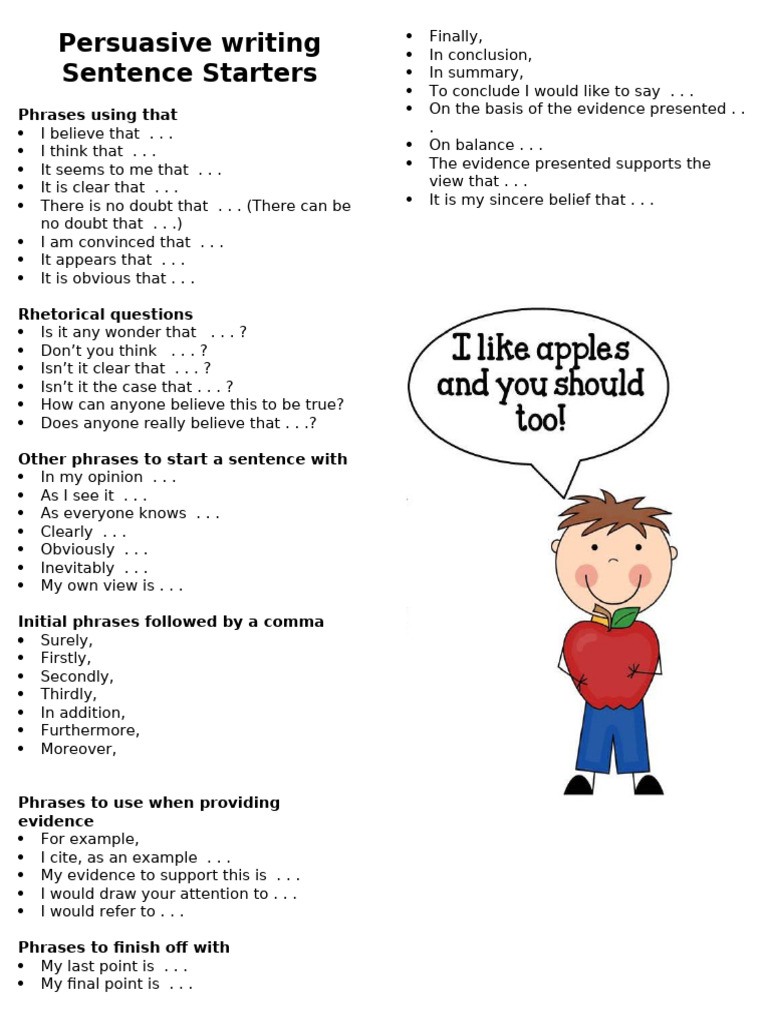 Persuasive Writing Sentence Starters | PDF