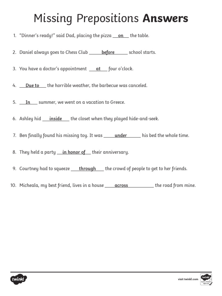 Answers Missing Prepositions Activity Sheet | PDF
