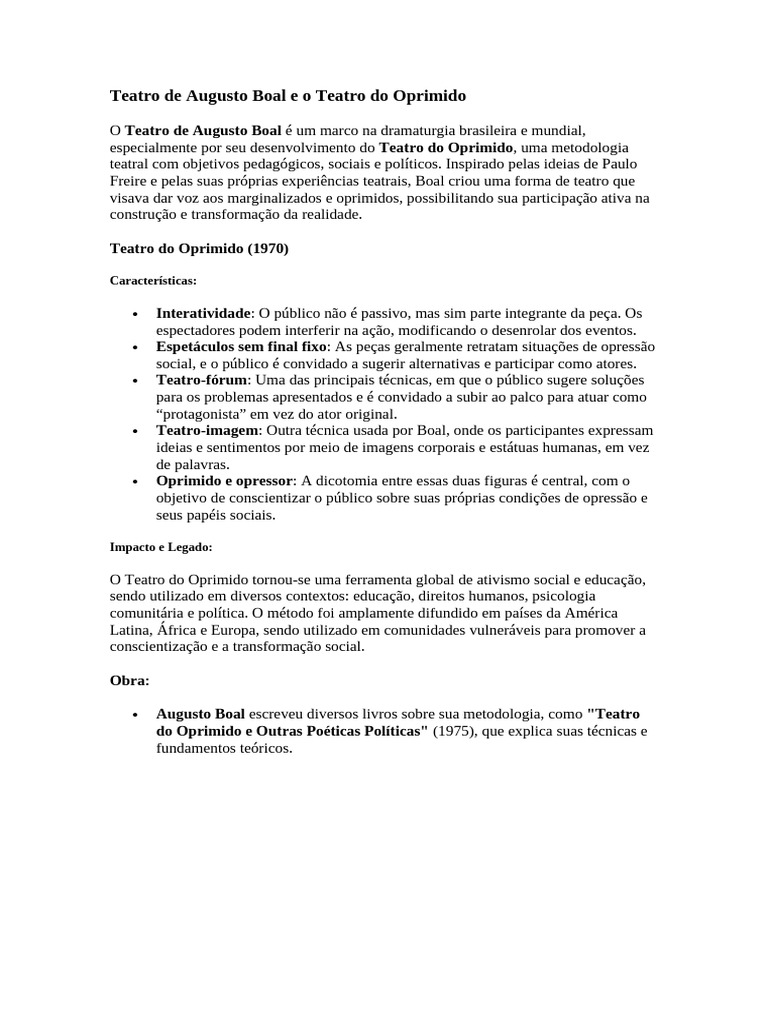 Teatro de Augusto Boal e o Teatro do Oprimido | PDF
