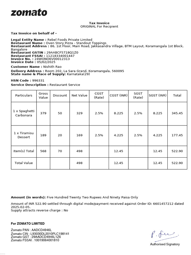 Tax Invoice for Restaurant Order | PDF | Taxation | Government Finances