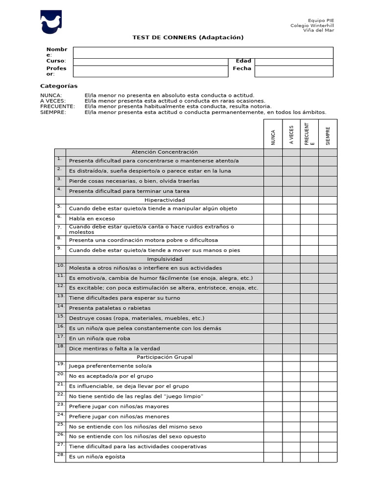 Test de Conners: Evaluación Conductual | PDF | Desorden hiperactivo y ...