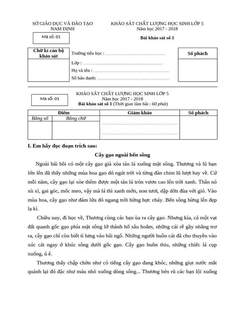 Bai Khao Sat So 1 Lop 5 Xa Hoi | PDF