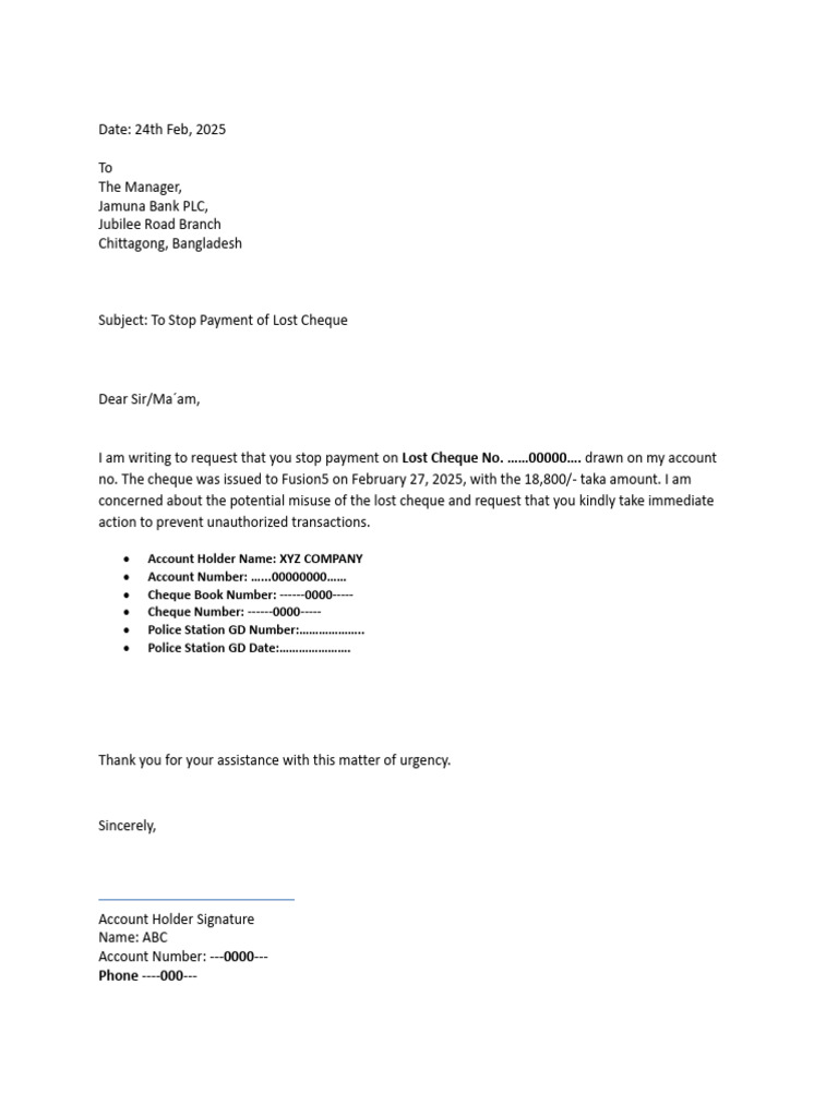 Application For Lost Cheque Stop | PDF