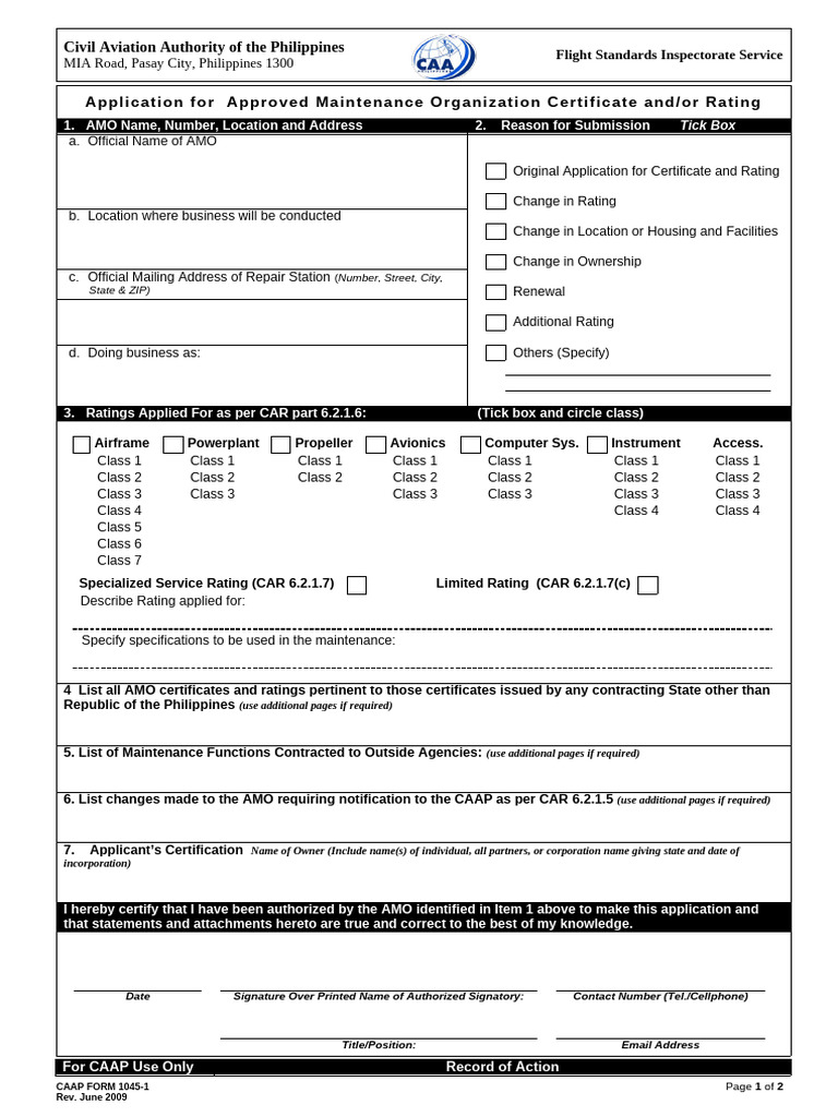 AMO application Form(1045-1) latest | PDF | Aviation