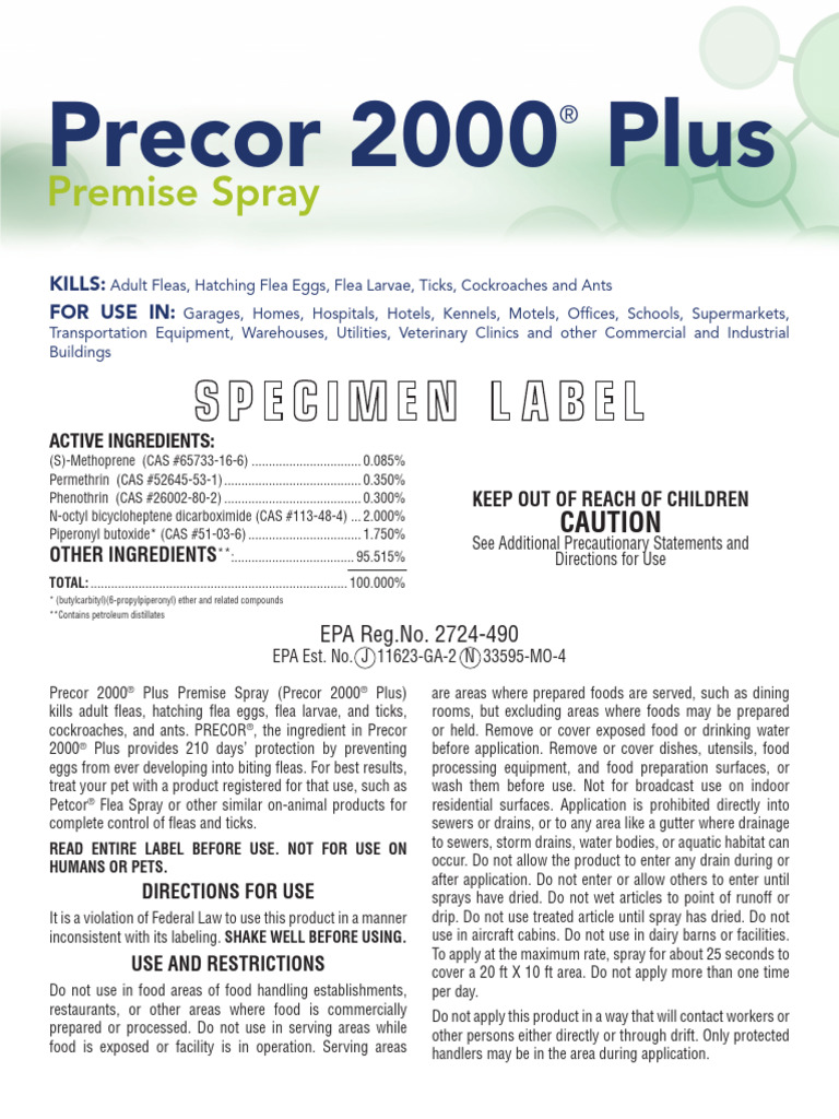 Precor 2000 Plus Premise Spray Specimen Label | PDF | Storm Drain | Waste