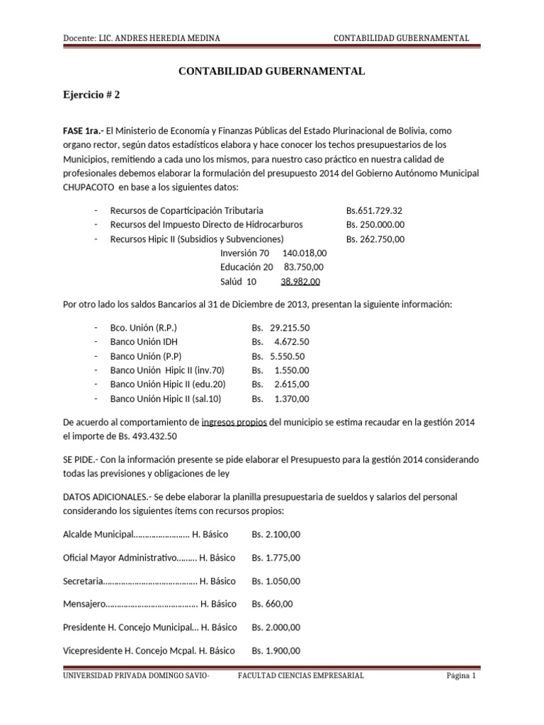 2do. EJERCICIO PRACTICO DE CONTABILIDAD GUBERNAMENTAL CHUPACOTO | PDF | Presupuesto | Contabilidad