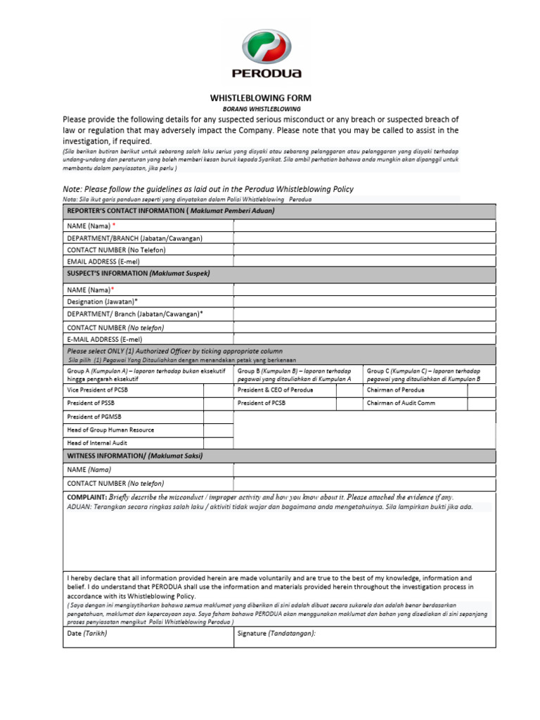 Whistleblowing Form Perodua | PDF