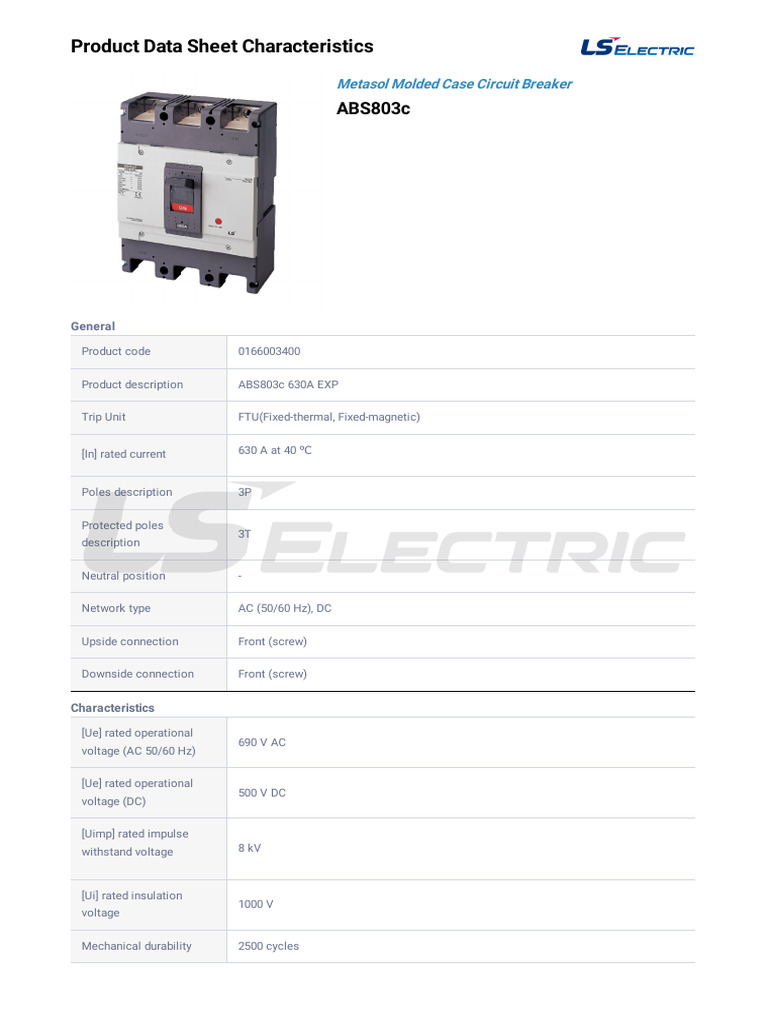 MCCB Metasol 0166003400 | PDF | Alternating Current | Voltage