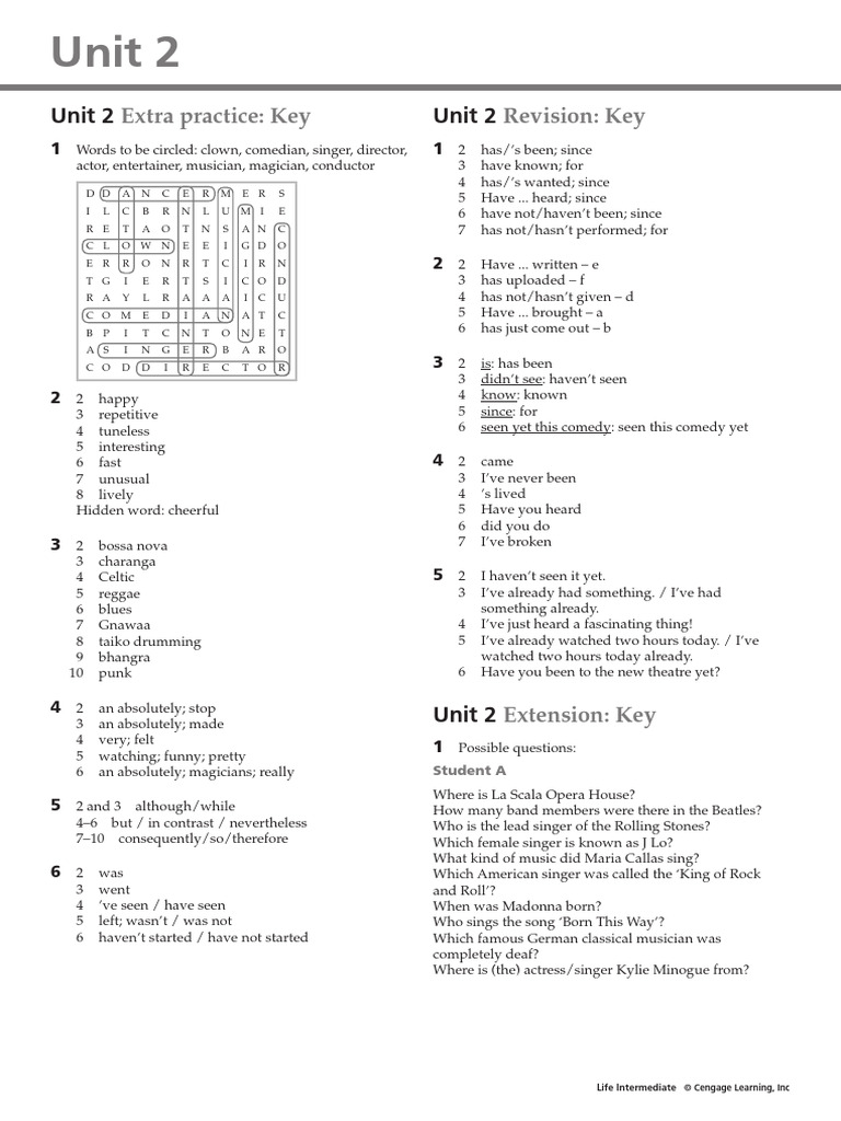 Intermediate Unit 2 Answer Key | PDF