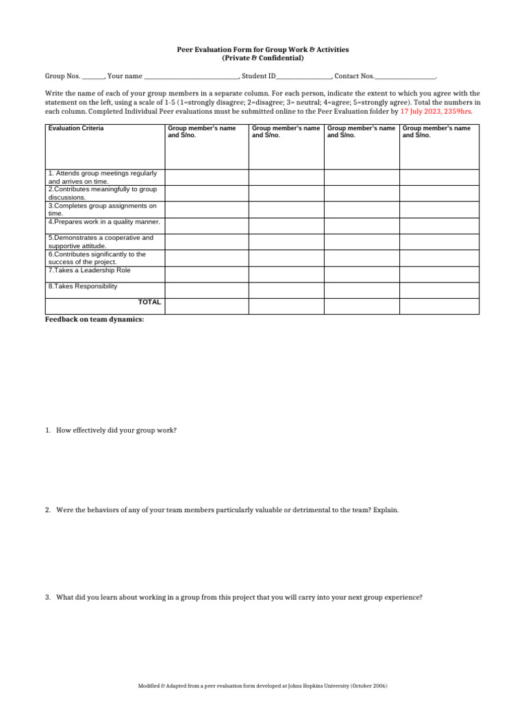 Compulsory20Peer20Evaluation20form20 (Rev) 20 | PDF