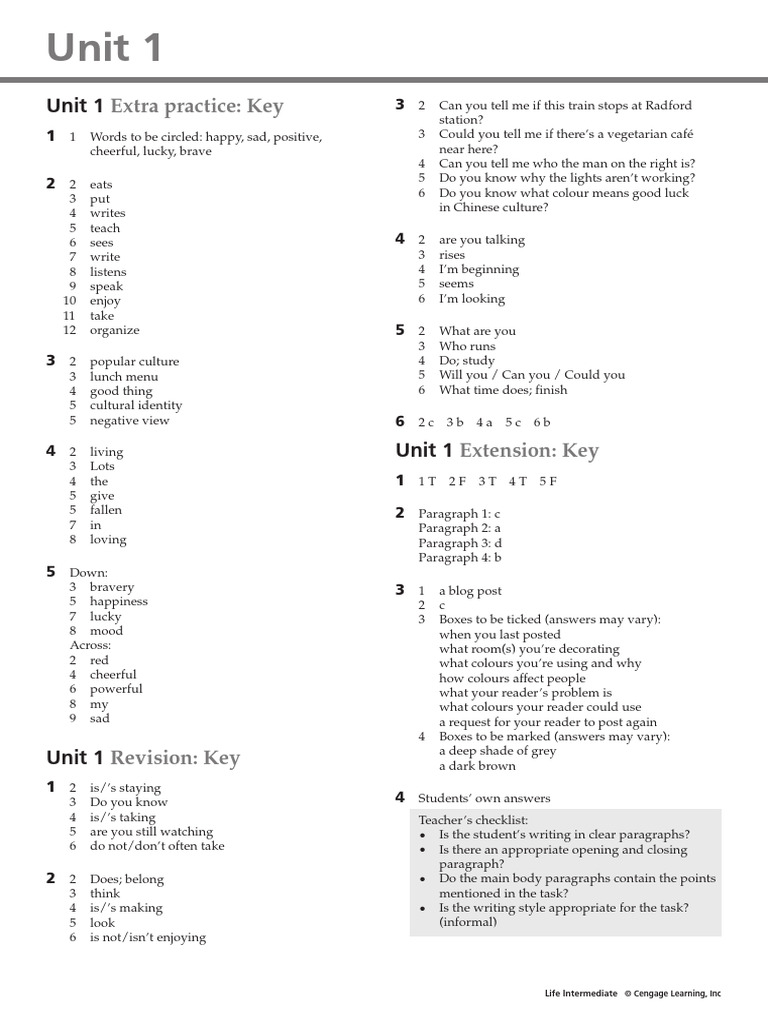 Intermediate Unit 1 Answer Key | PDF