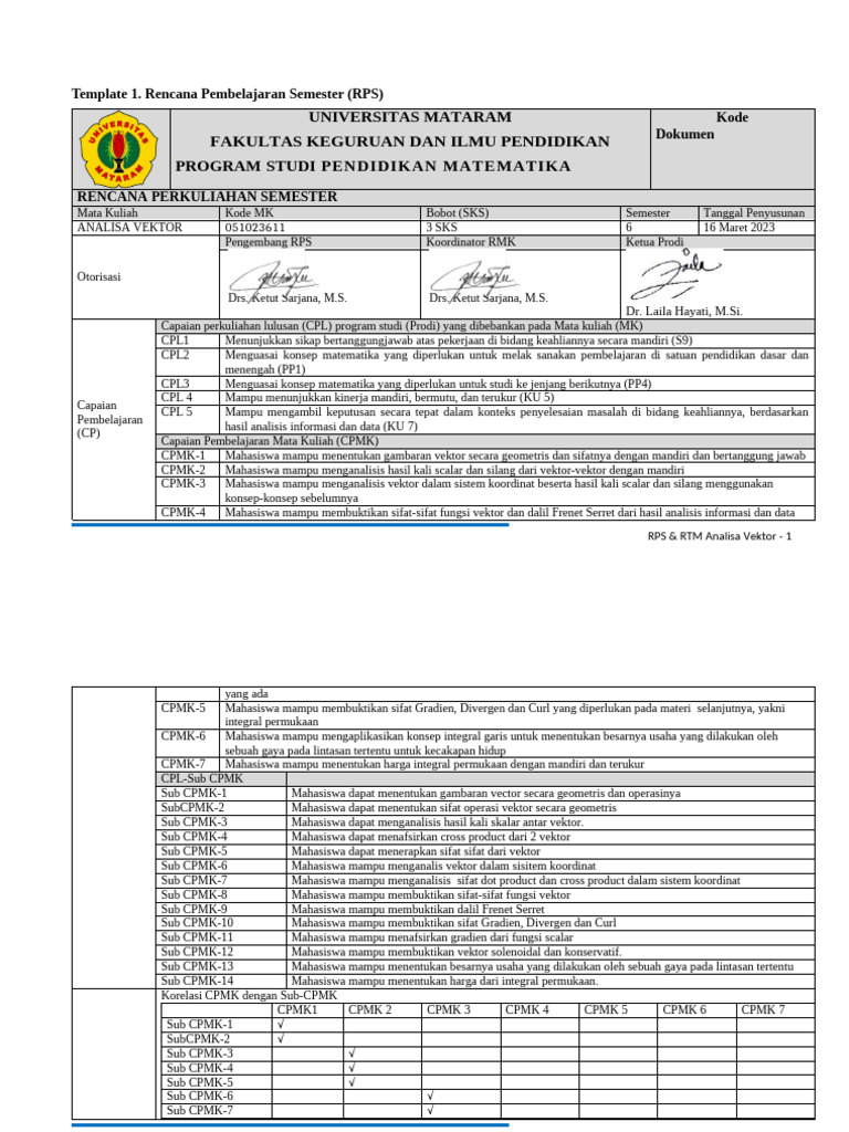Template RPS & RTM Unram_2021 Analisa Vektor Update 16 Agustus 2023 | PDF