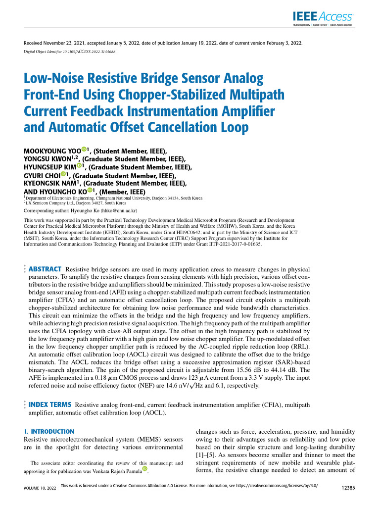 Low-Noise Resistive Bridge Sensor Analog Front-End Using Chopper-Stabilized Multipath Current ...