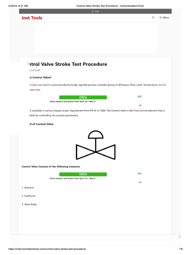 Control Valve Stroke Test Procedure - InstrumentationTools | PDF