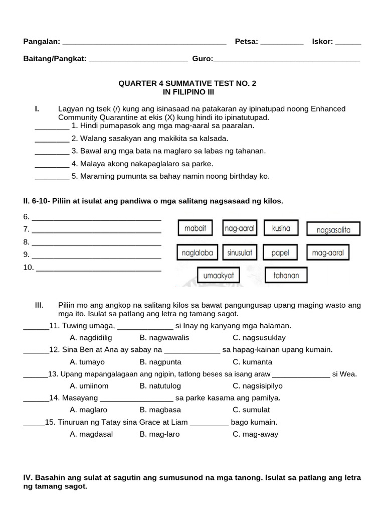 Summative Test No.2 Q4 Filipino3 | PDF