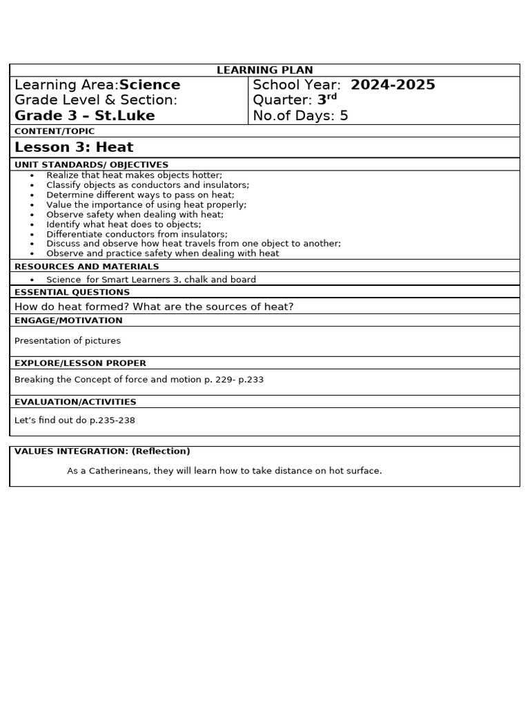 Learning Plan About Heat | PDF