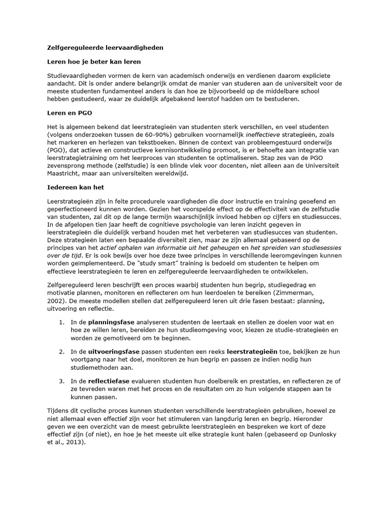 Study Smart Zelfgereguleerde Leervaardigheden NL | PDF