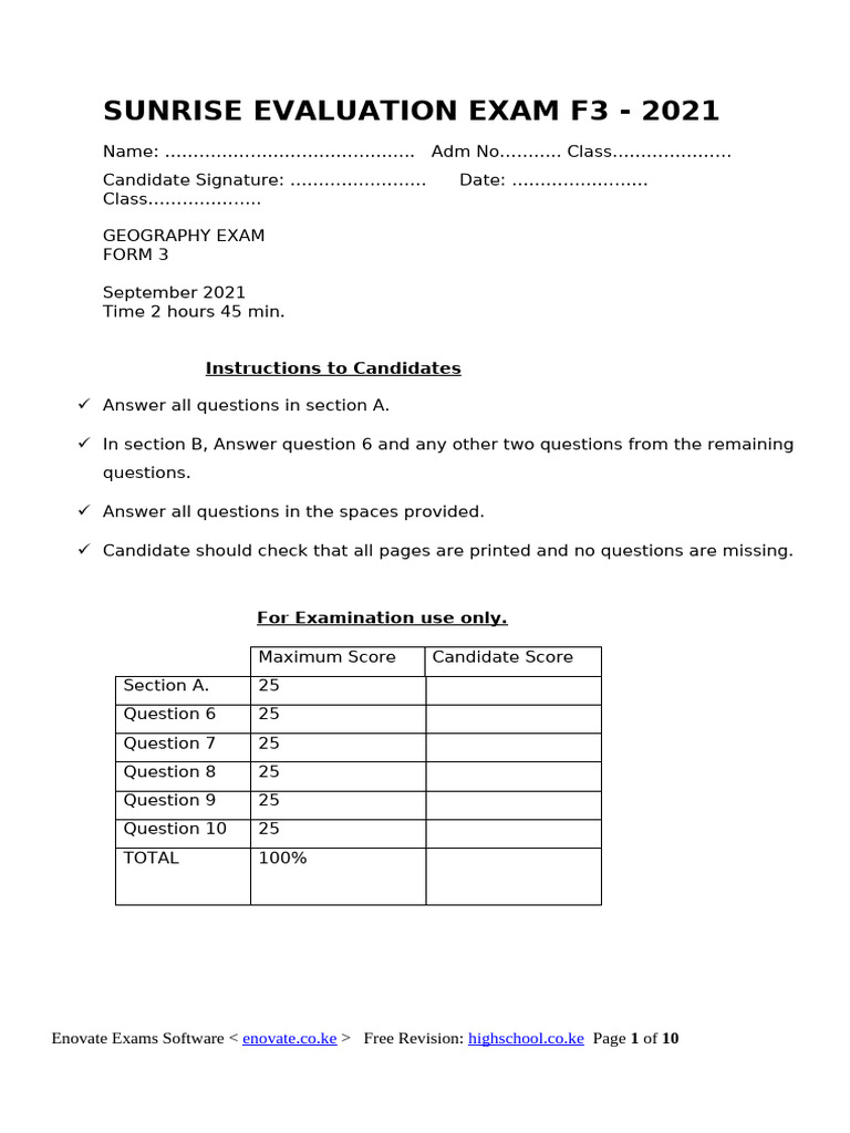 Form 3 Geography Exam - September 2021 | PDF | Earth Sciences ...