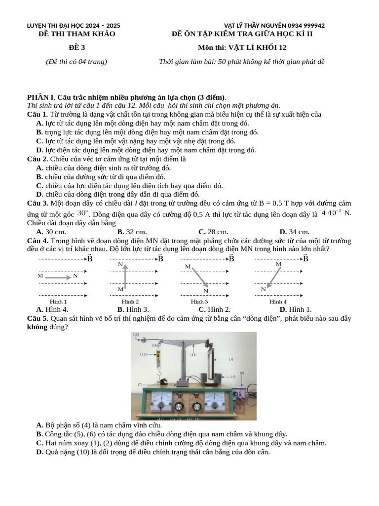Đề 3 - GK2 Lý 12 - Form 2025 - CV7991 | PDF