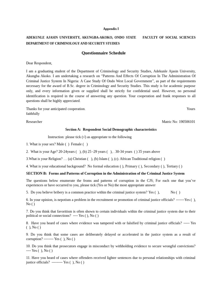 My Project Questionnaire | PDF | Corruption | Justice