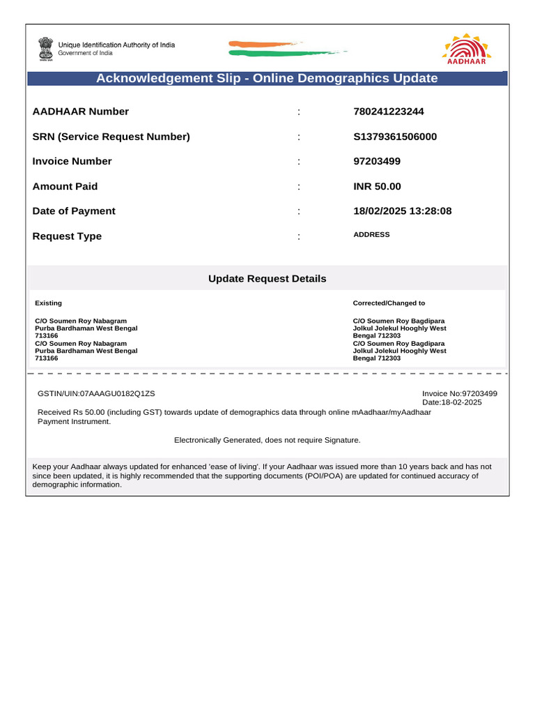 Acknowledgement Slip for Aadhaar Update | PDF